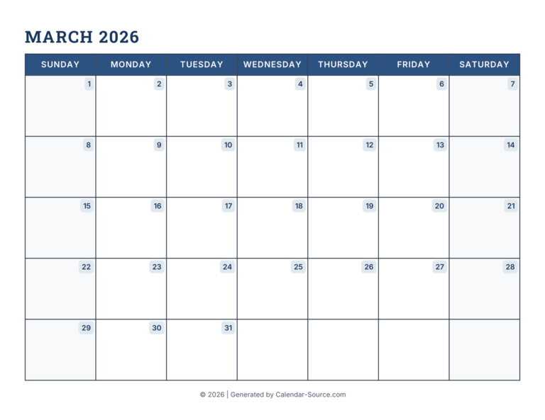 Calendario de marzo de 2026 (imprimible)