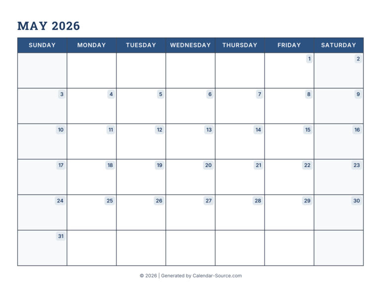 May 2026 Calendar (Printable)
