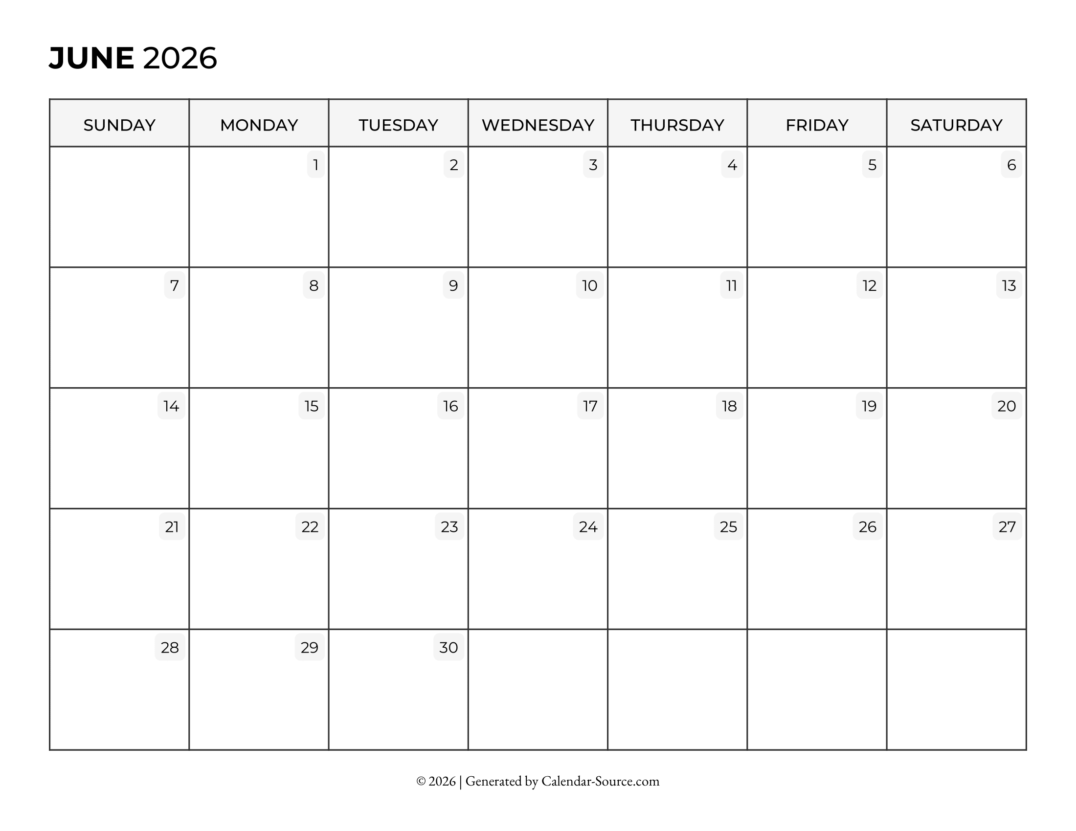 June 2026 Calendar Printable 