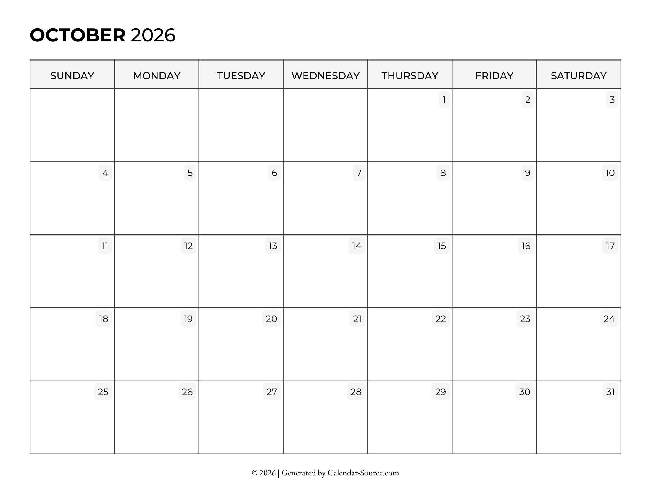 October 2026 Calendar Printable October 2026 Calendar Printable